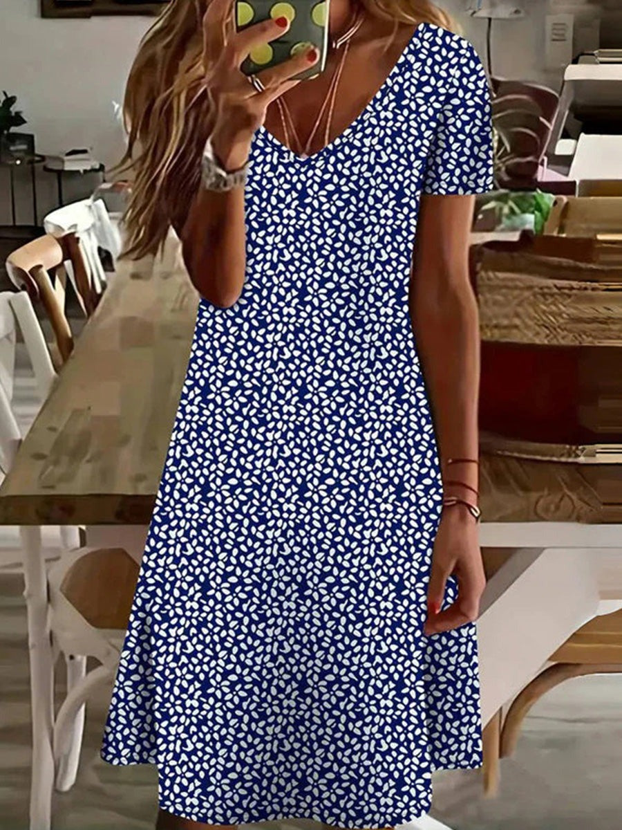 Blue Floral Print V-neck Short Sleeve Comfy Mini Dress– CURVECOMFY